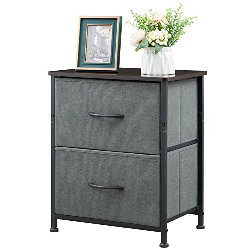 Somdot Nightstand with 2 Drawers, Bedside Table Small Dresser with Removable Fabric Bins for Bedroom Nursery Closet Living Room - Sturdy Steel Frame, Wood Top, Pull Handle - Charcoal Grey/Dark Walnut