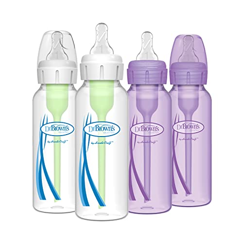 Dr. Brownâs Natural FlowÂŽ Anti-Colic Options+⢠Narrow Baby Bottles, 8 oz/250ml, with Level 1 Slow Flow Nipple, 4 Pack, Purple/Clear