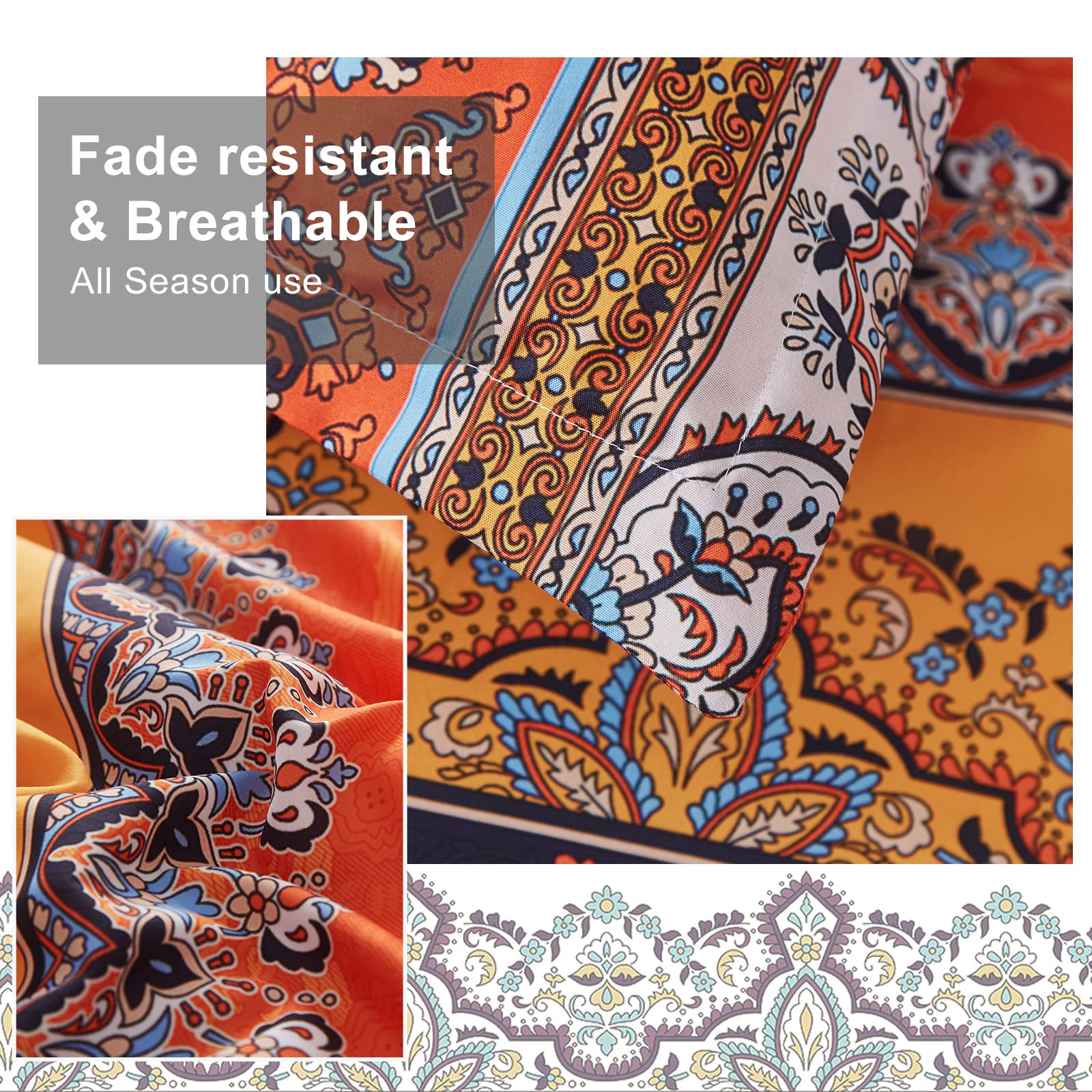 Boho Comforter Set Queen Size 8 Piece Bed in a Bag Burnt Orange Paisley Fall Comforter and Sheet Set Bohemian Striped Bedding Set,Soft Microfiber Complete Bedding Set