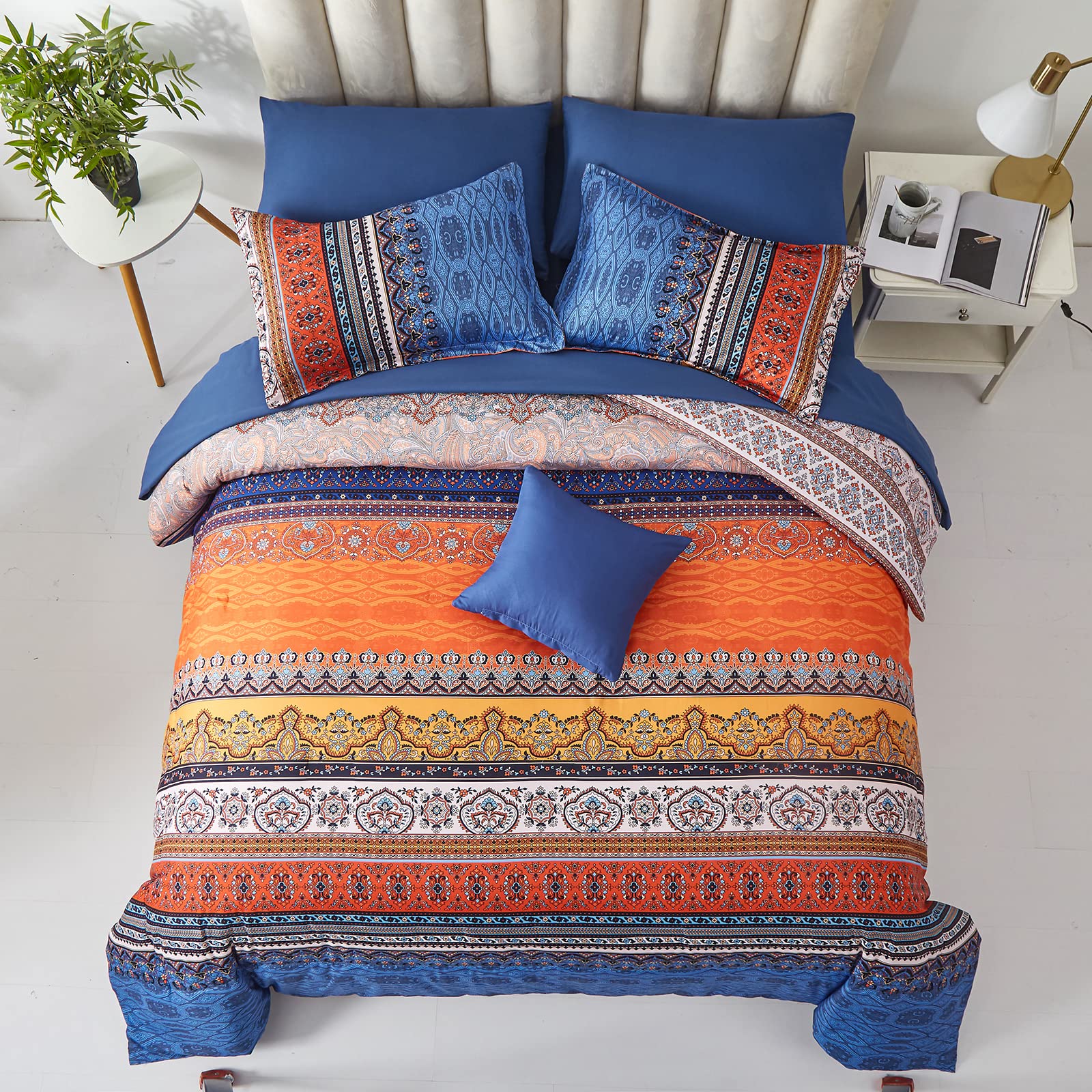 Boho Comforter Set Queen Size 8 Piece Bed in a Bag Burnt Orange Paisley Fall Comforter and Sheet Set Bohemian Striped Bedding Set,Soft Microfiber Complete Bedding Set