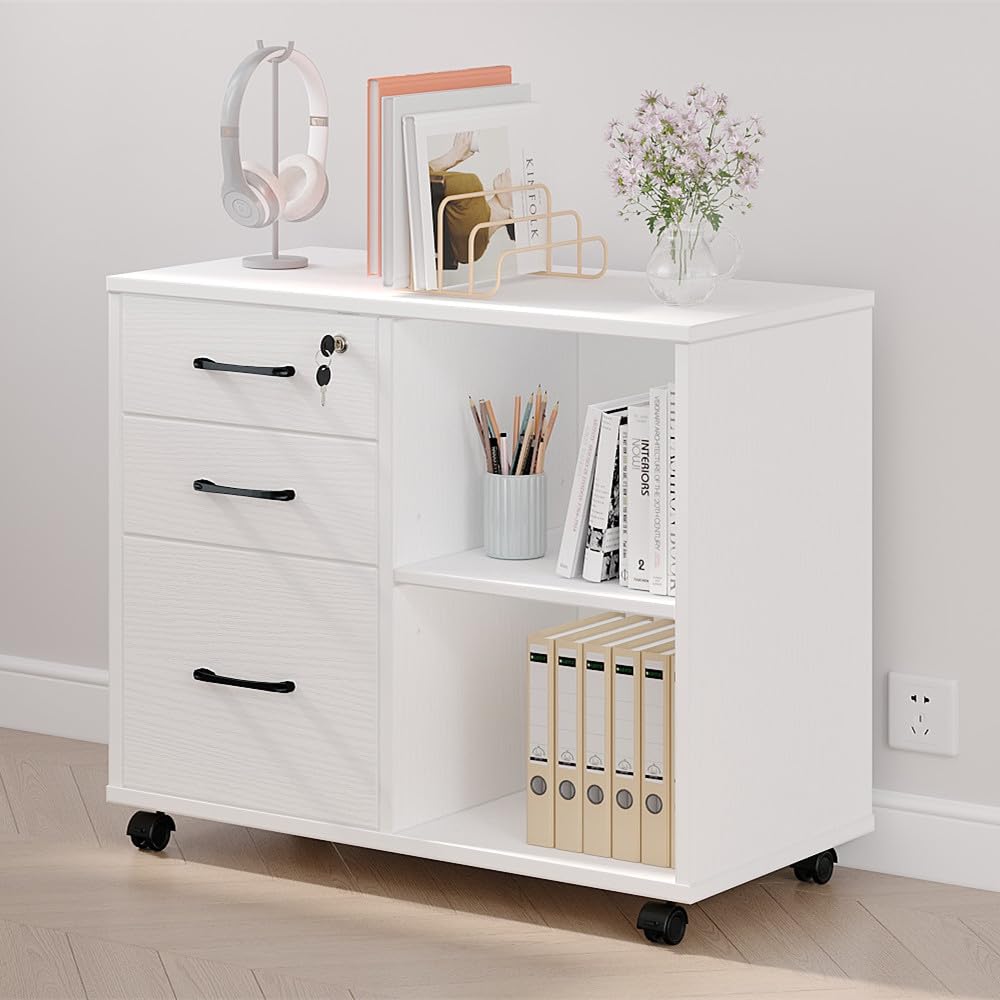 3 Drawer Office File Cabinets, Mobile Lateral Printer Stand with Open Storage Shelf, Rolling Filing Cabinet with Wheels Home Office Organization and Storage (White)