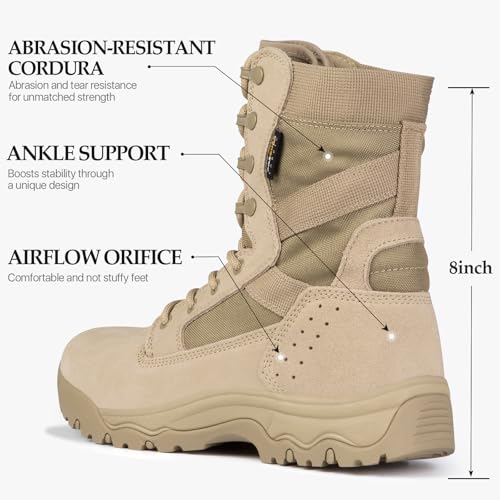 FREE SOLDIER Men's Tactical Boots 8 Inches Lightweight Combat Boot Durable Suede Leather Military Work Boots Desert Boot (Tan, 11)