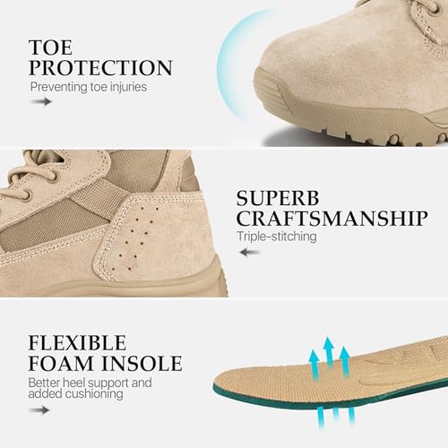 FREE SOLDIER Men's Tactical Boots 8 Inches Lightweight Combat Boot Durable Suede Leather Military Work Boots Desert Boot (Tan, 11)