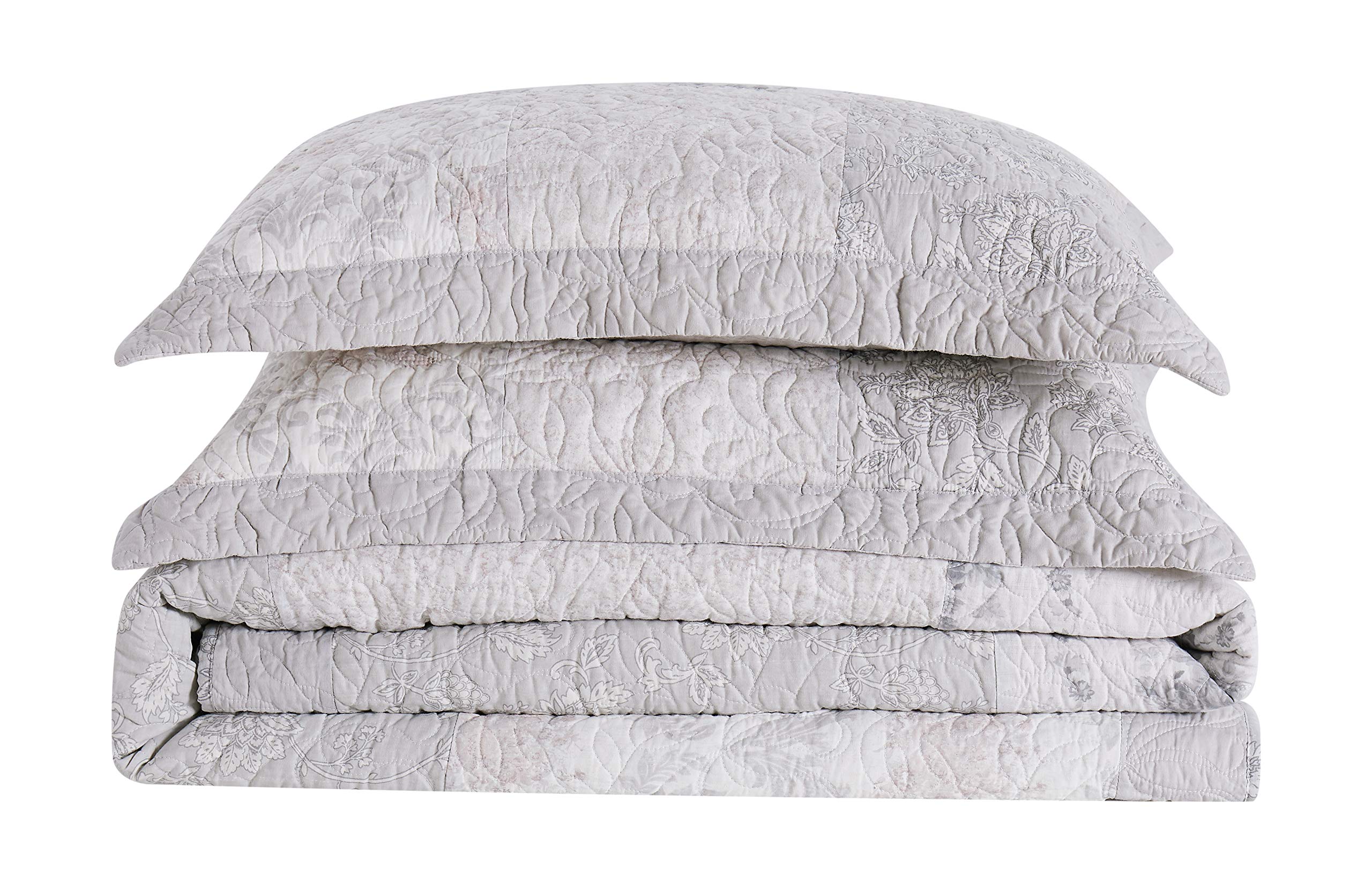 Cottage Classics Quilt Set Brigette Modern Floral Print, Full/Queen, Grey
