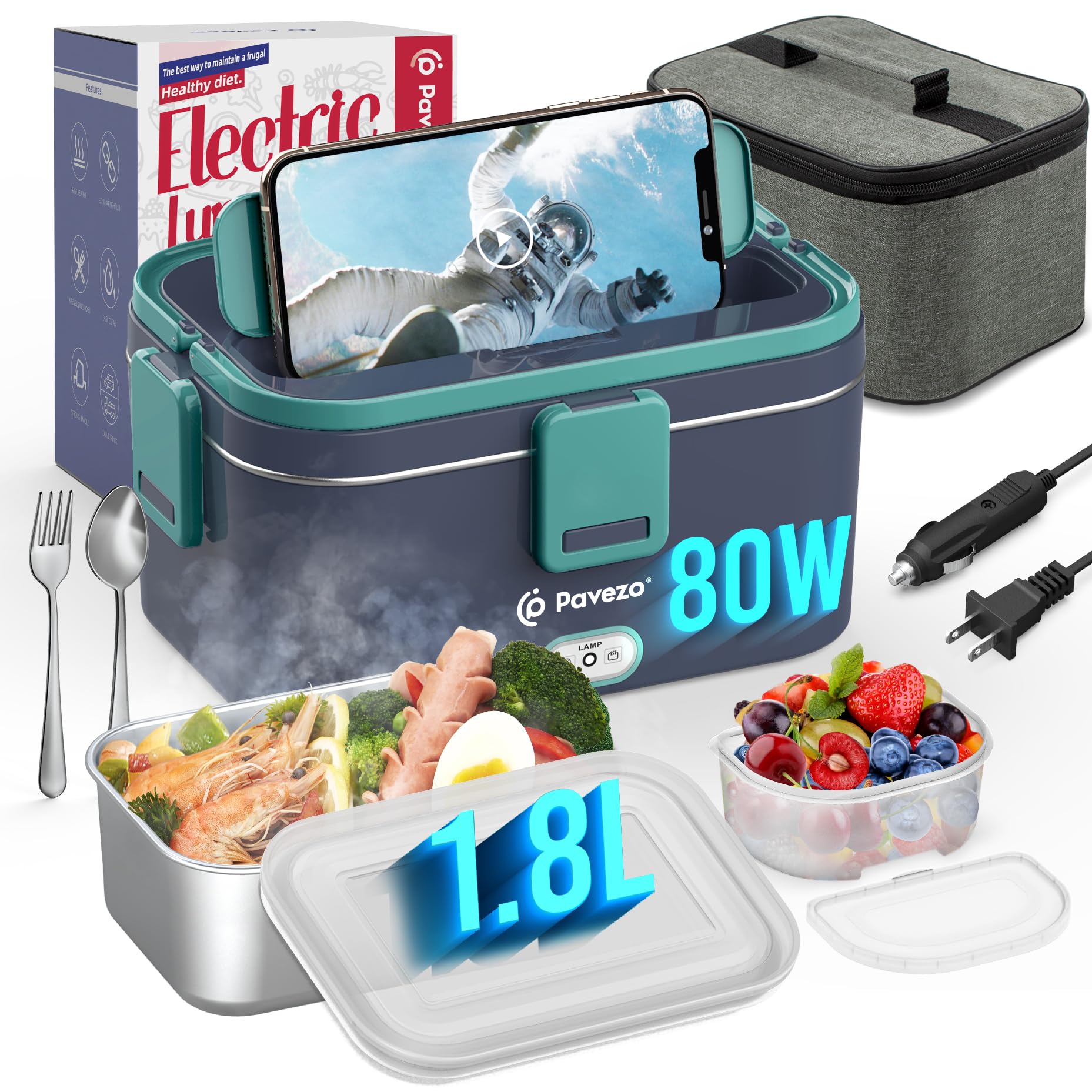Pavezo Electric Lunch Box [Faster-75W, Large-1.8L] Food Heated Lunch Box, 12V/24V/110V Food Warmer Lunch Box for Car Truck Home, With Airtight Lid, SS Container, Fork Spoon, Carry Bag