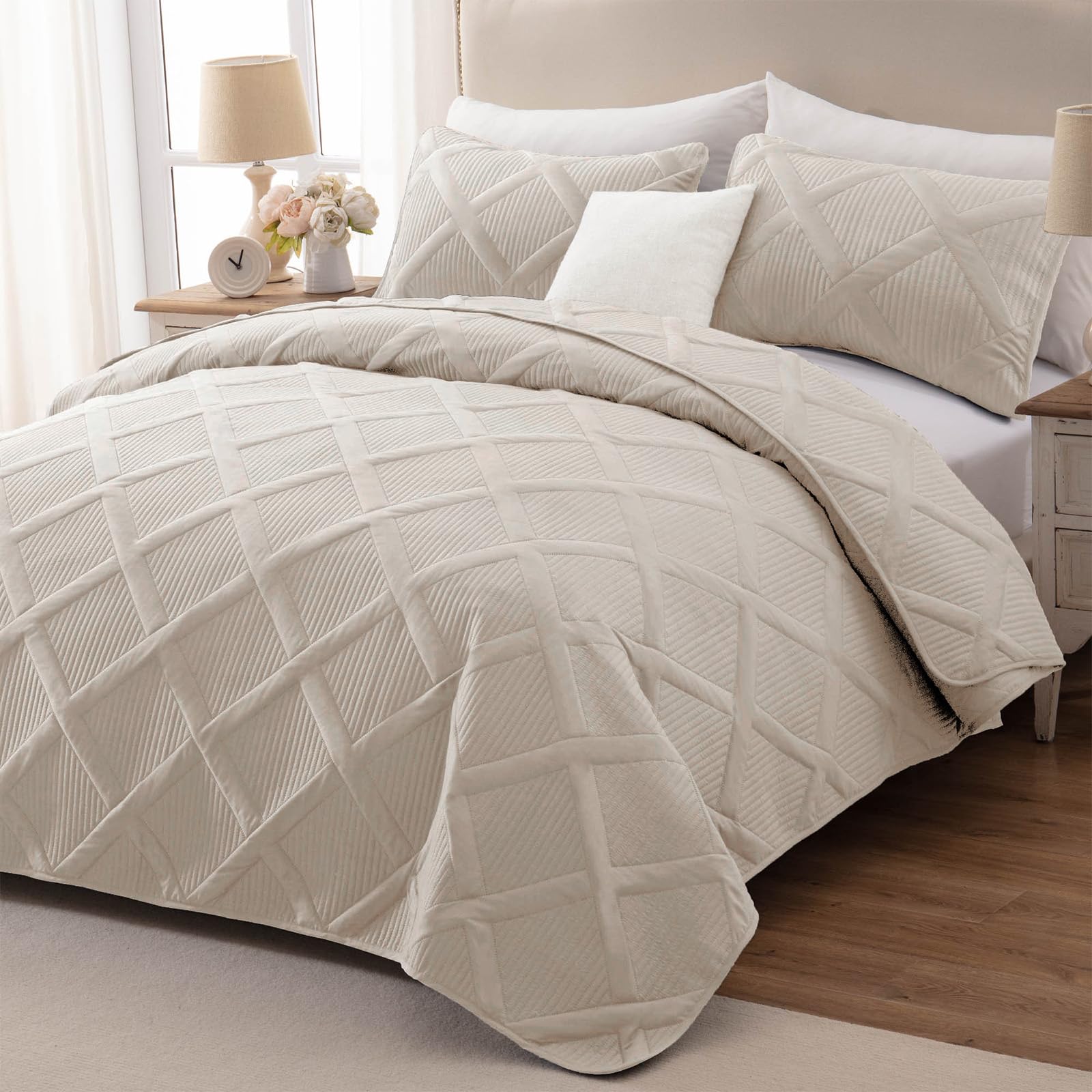 Exclusivo Mezcla Quilt Set King Size, 3 Pieces Brich Beige King Quilt Bedding Set, Lightweight Quilts Soft Bedspreads Modern Striped Coverlets for All Seasons
