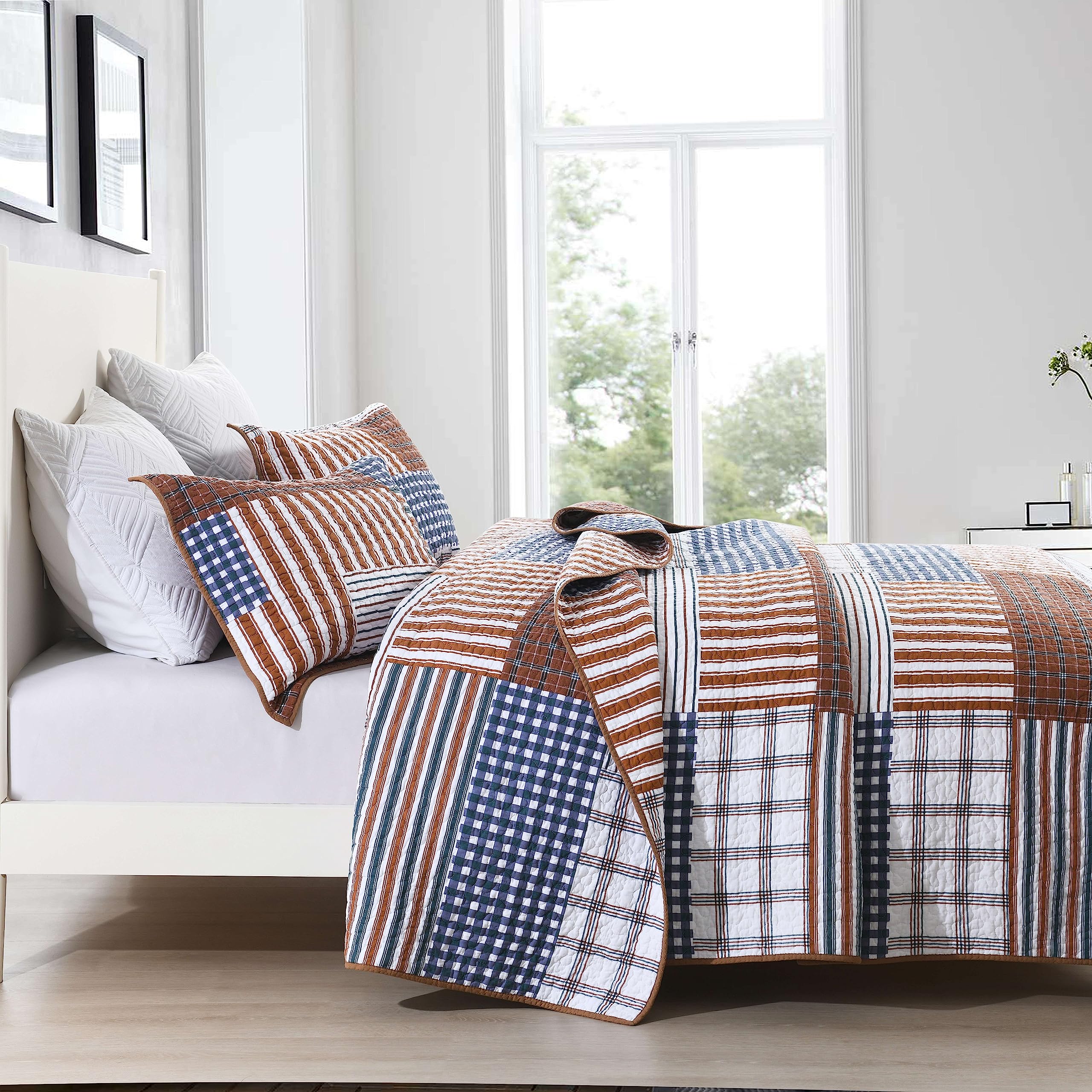 Cinefoso King Size Quilt Set, Brown Blue Striped Bedding Set, Reversible Lightweight Quilt Bedspreads for All Season, 3-Piece