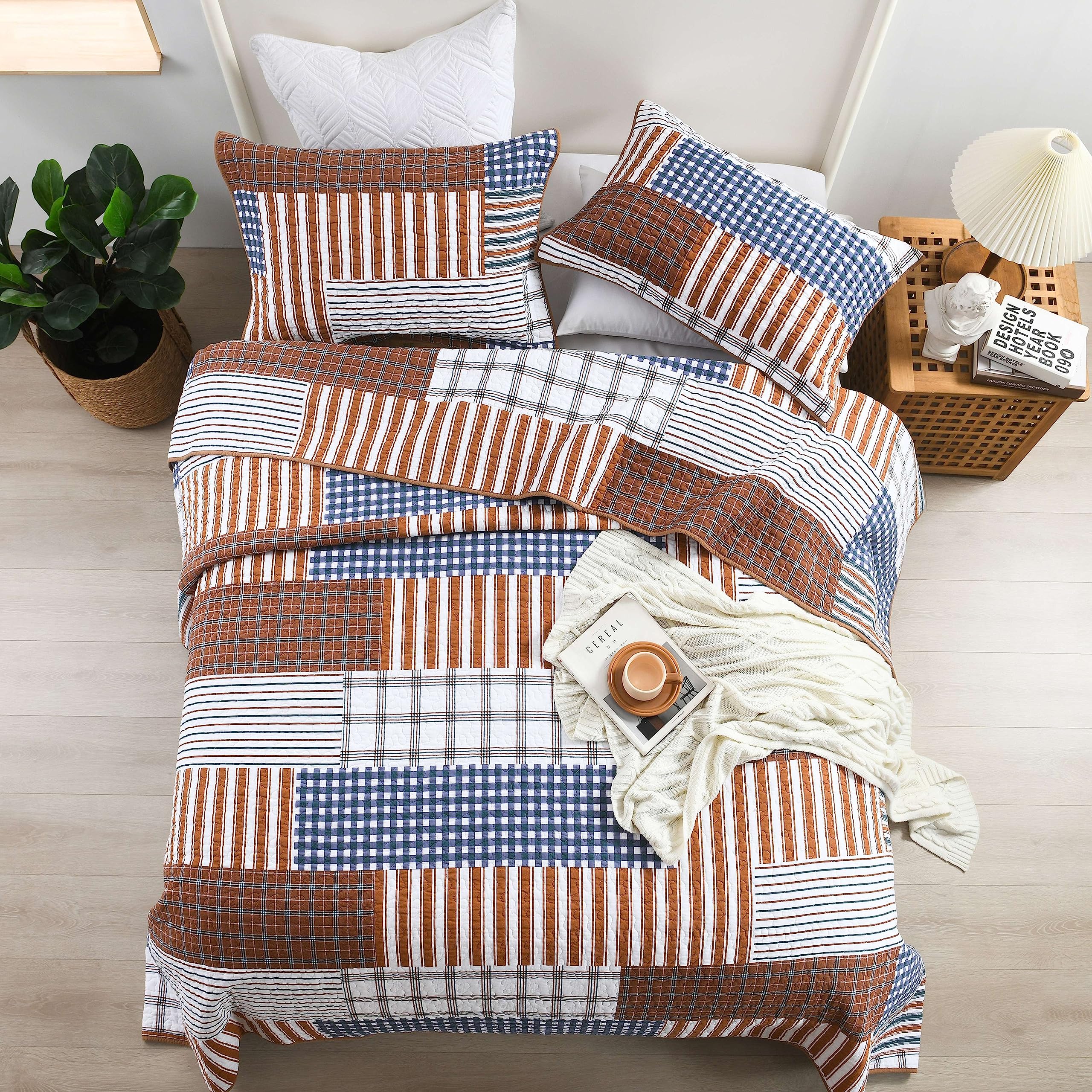 Cinefoso King Size Quilt Set, Brown Blue Striped Bedding Set, Reversible Lightweight Quilt Bedspreads for All Season, 3-Piece