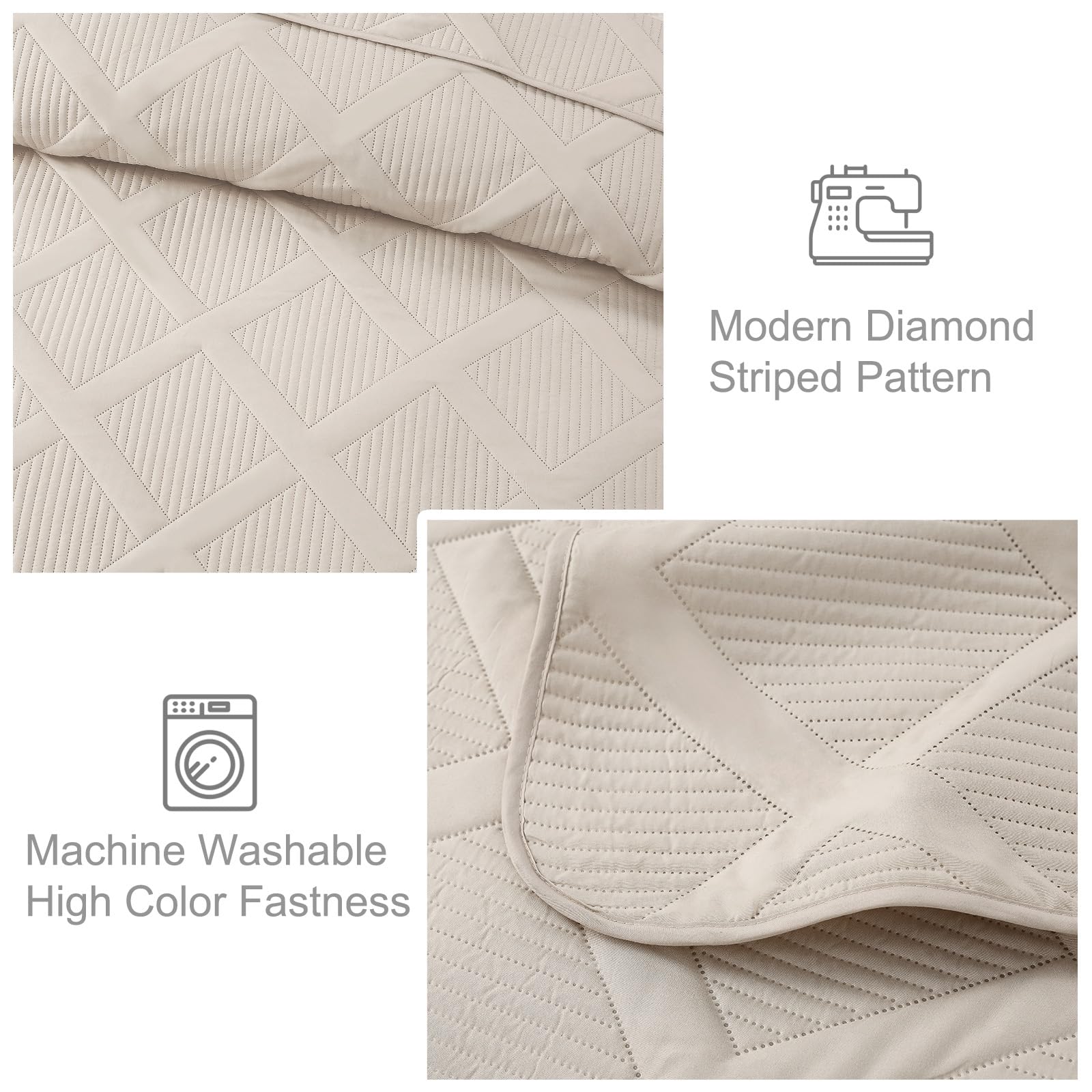 Exclusivo Mezcla Quilt Set King Size, 3 Pieces Brich Beige King Quilt Bedding Set, Lightweight Quilts Soft Bedspreads Modern Striped Coverlets for All Seasons
