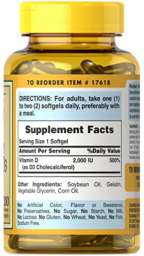 Vitamin D3 50mcg (2,000 IU) Bolsters Immune Health by Puritan's Pride for Support of Immune Health and Healthy Bones and Teeth 200 Softgels