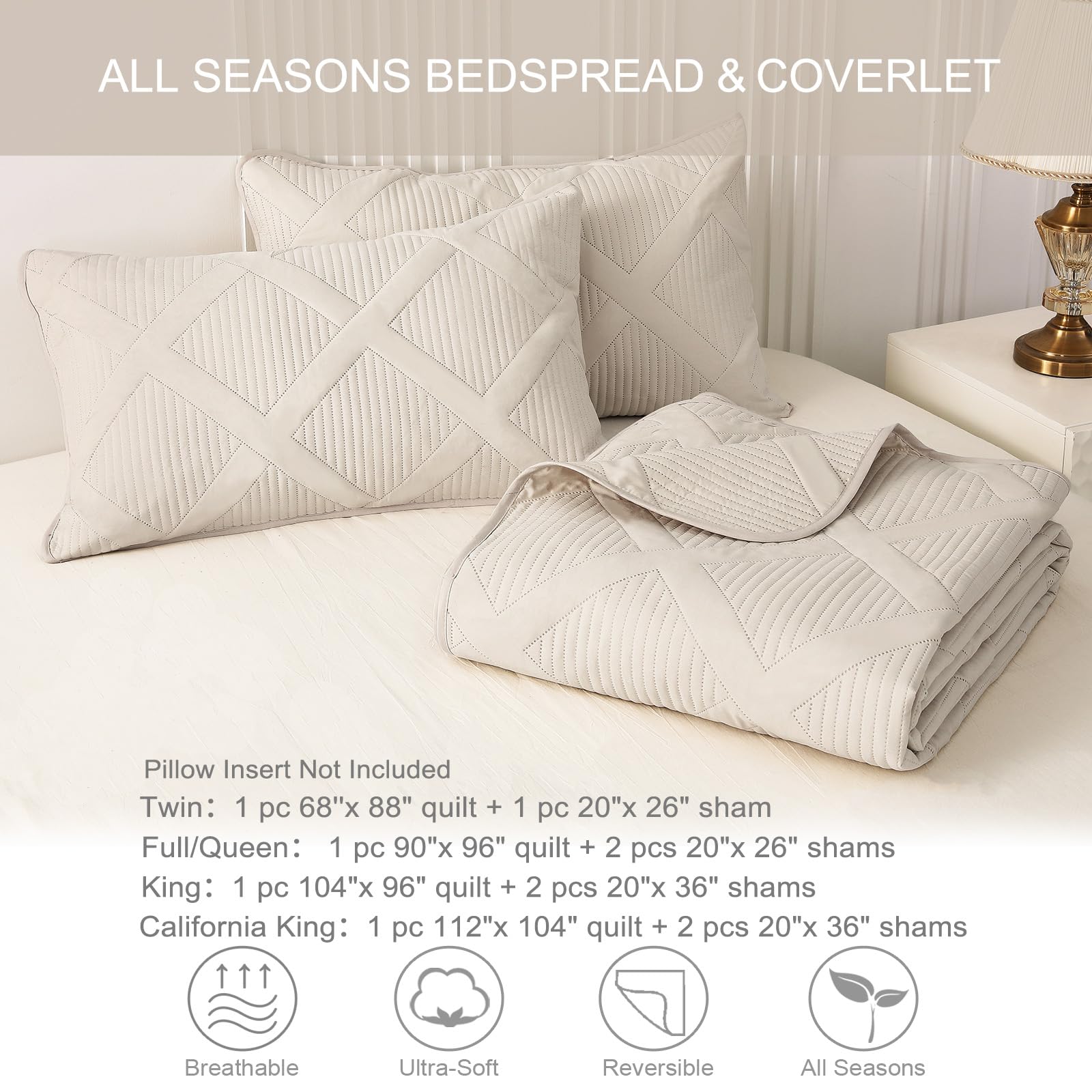 Exclusivo Mezcla Quilt Set King Size, 3 Pieces Brich Beige King Quilt Bedding Set, Lightweight Quilts Soft Bedspreads Modern Striped Coverlets for All Seasons