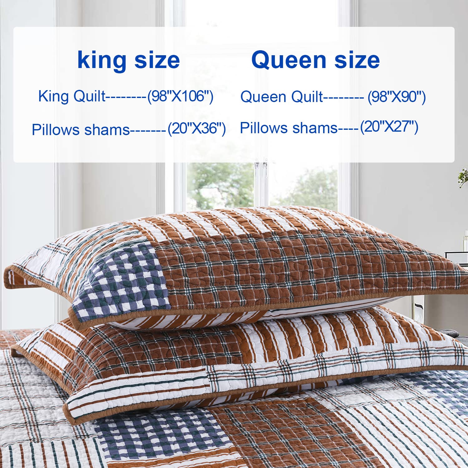 Cinefoso King Size Quilt Set, Brown Blue Striped Bedding Set, Reversible Lightweight Quilt Bedspreads for All Season, 3-Piece