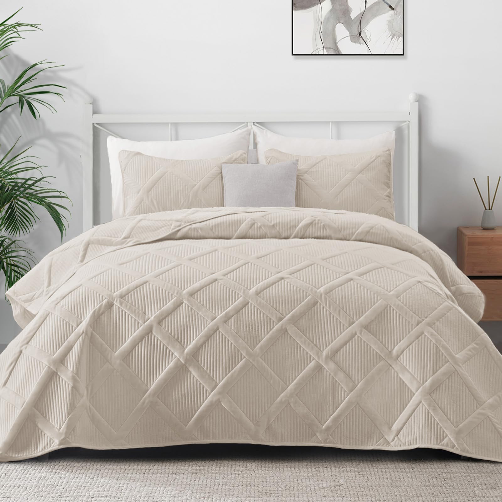 Exclusivo Mezcla Quilt Set King Size, 3 Pieces Brich Beige King Quilt Bedding Set, Lightweight Quilts Soft Bedspreads Modern Striped Coverlets for All Seasons