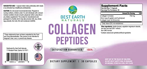Collagen Peptides Complex Type I, III For Healthy Hair, Skin, Nails, Joints - Hydrolyzed Collagen Capsules Supplement - 30 Day Supply
