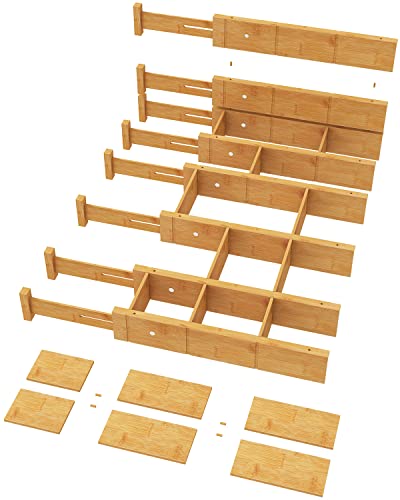 kiplant 8 Pack Bamboo Drawer Dividers with 8 Inserts, Kitchen Drawer Dividers from 16.5-22IN, Stackable Bamboo Drawer Organization for Kitchen & Dressers, 8 Dividers with 16 Inserts