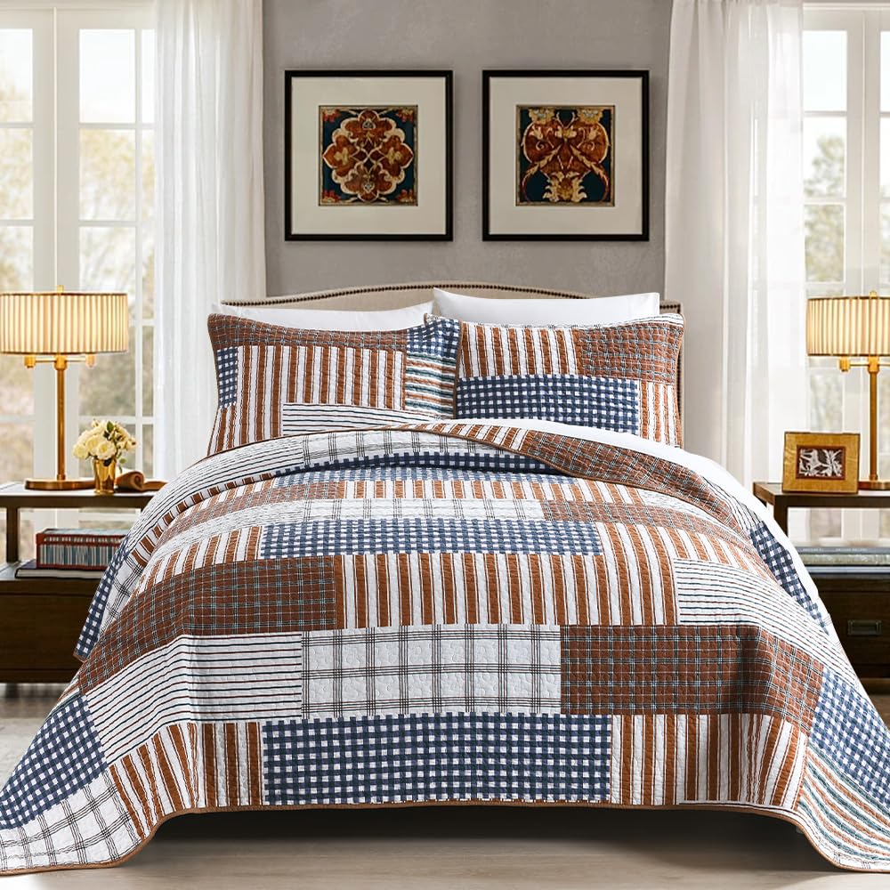 Cinefoso King Size Quilt Set, Brown Blue Striped Bedding Set, Reversible Lightweight Quilt Bedspreads for All Season, 3-Piece