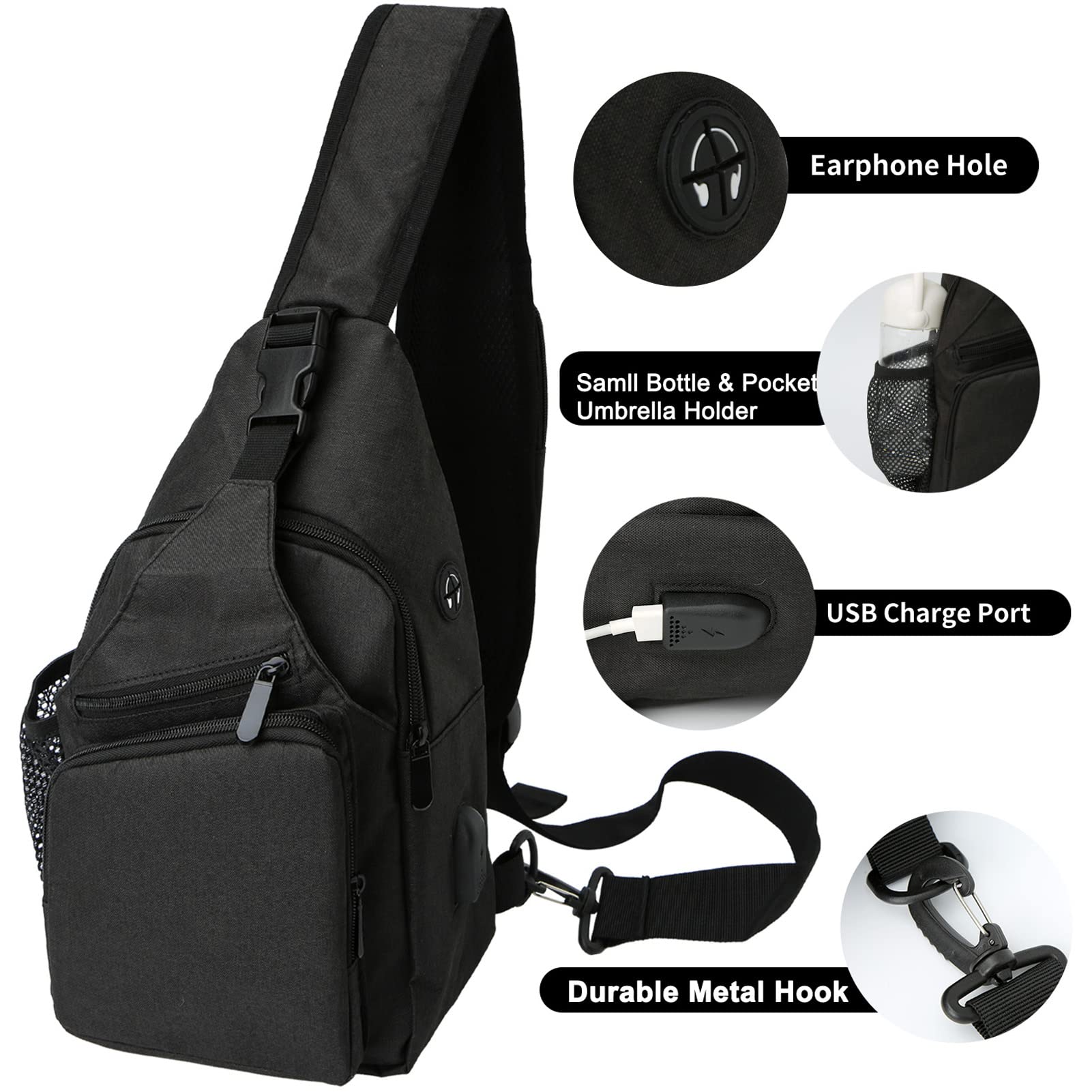 Sling Bag - Shoulder Backpack Crossbody Daypack Chest Bags for Women & Men with USB Charging Port(2 Pack Black)
