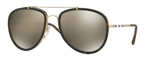 BURBERRY BE3090Q 10525A 58M Brushed Gold/Matte Dark Havana/Light Brown Mirror Dark Gold Pilot Sunglasses For Men+ BUNDLE with Designer iWear Complimentary Care Kit