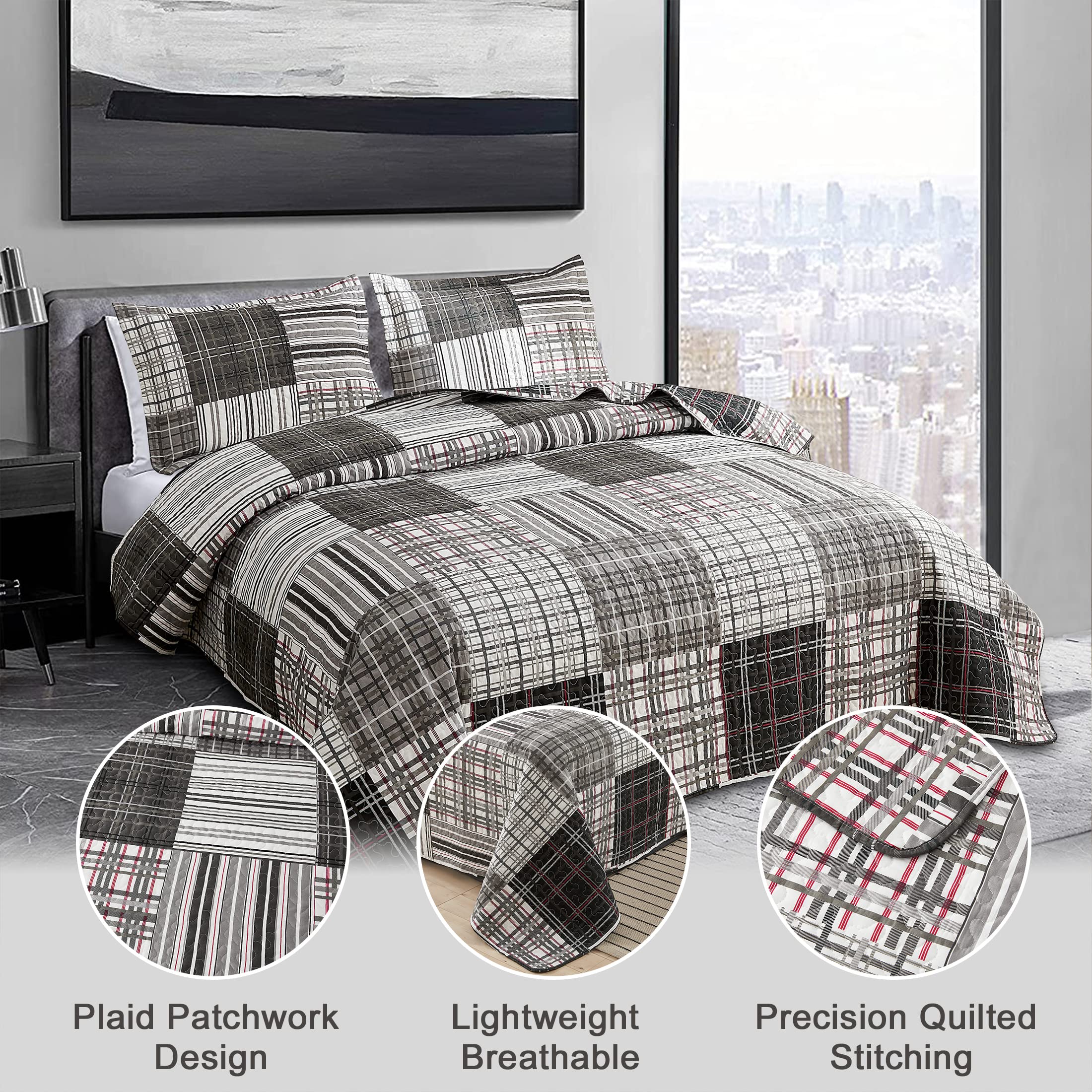 Bedspread Set Queen/Full Size Quilt Set Plaid Bed Spread Coverlet Black White Grey Plaid Patchwork Stripe Modern Quilt Bedspread Bedding Soft Lightweight Reversible Home Mens Quilts for Queen Bed