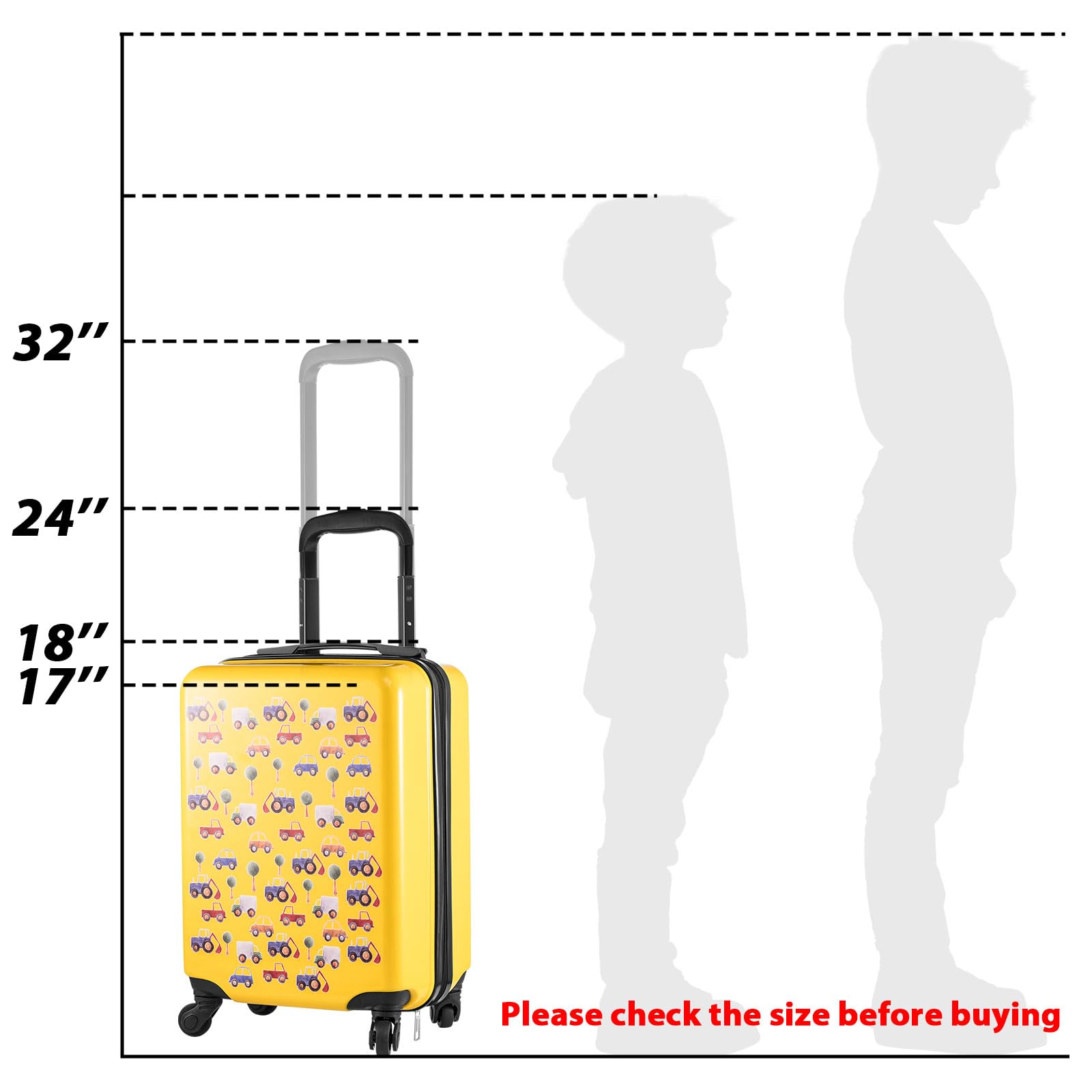 Redbaker 6 Pcs Kids Luggage Set 17 Inch Kids Rolling Luggage Double Pattern Suitcase for Girls Boys Gift(Yellow,Car Style)