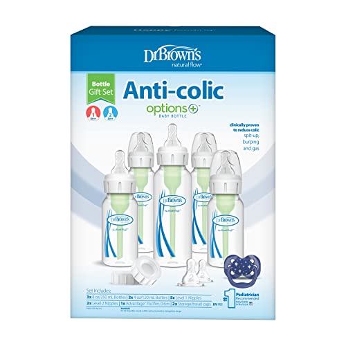 Dr. Brown’s Natural Flow® Anti-Colic Options+â„¢ Narrow Baby Bottle Gift Set with Advantageâ„¢ Pacifier, and Bottle Travel Caps, Pack of 15