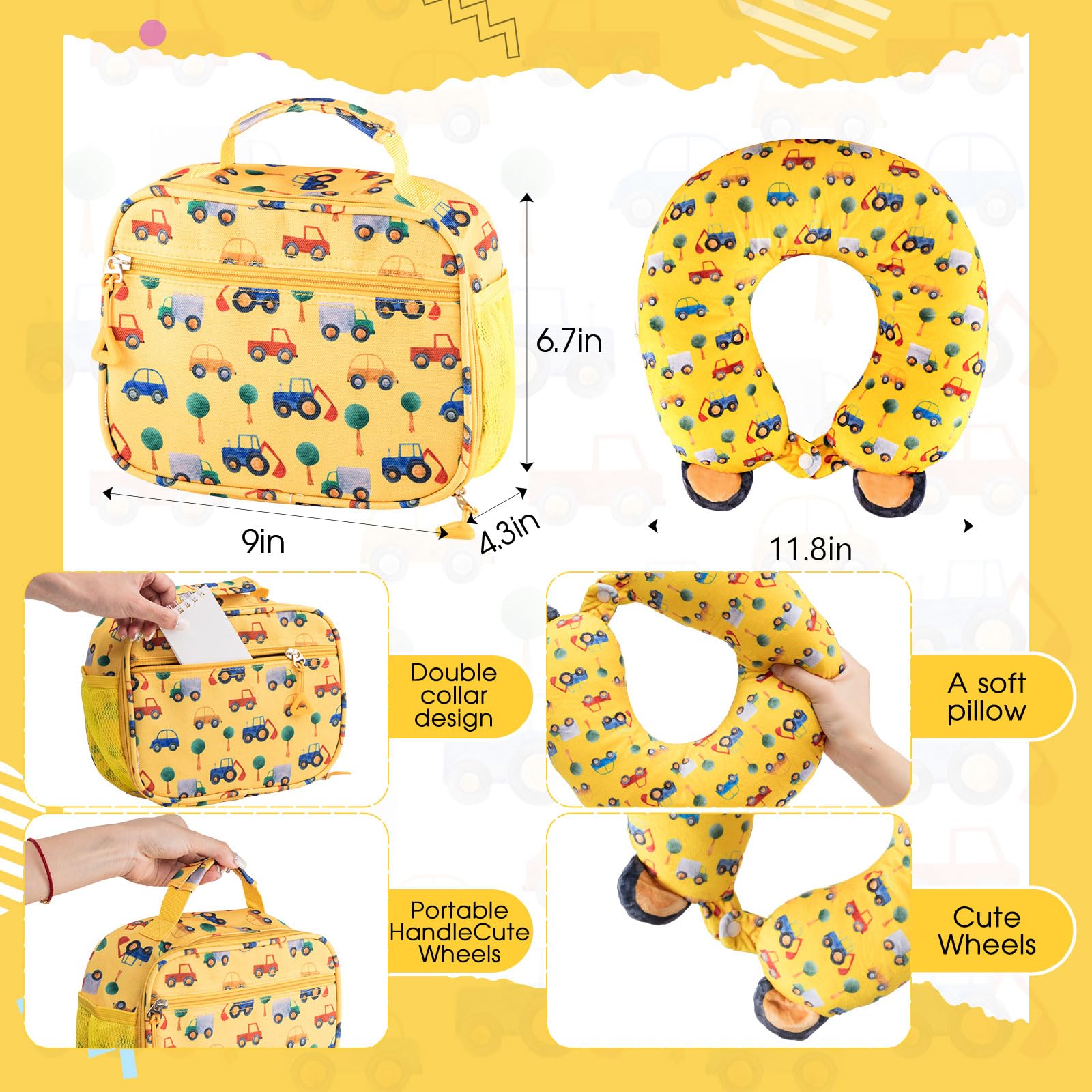 Redbaker 6 Pcs Kids Luggage Set 17 Inch Kids Rolling Luggage Double Pattern Suitcase for Girls Boys Gift(Yellow,Car Style)