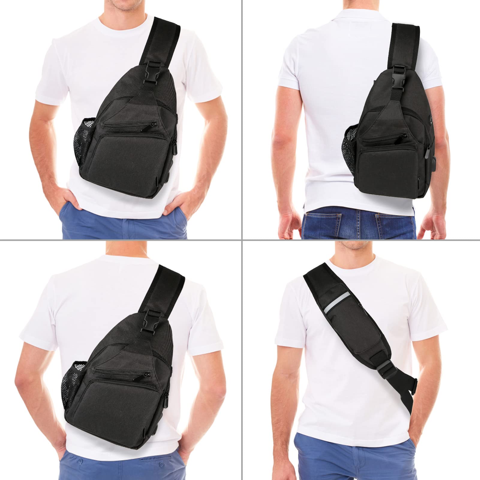 Sling Bag - Shoulder Backpack Crossbody Daypack Chest Bags for Women & Men with USB Charging Port(2 Pack Black)