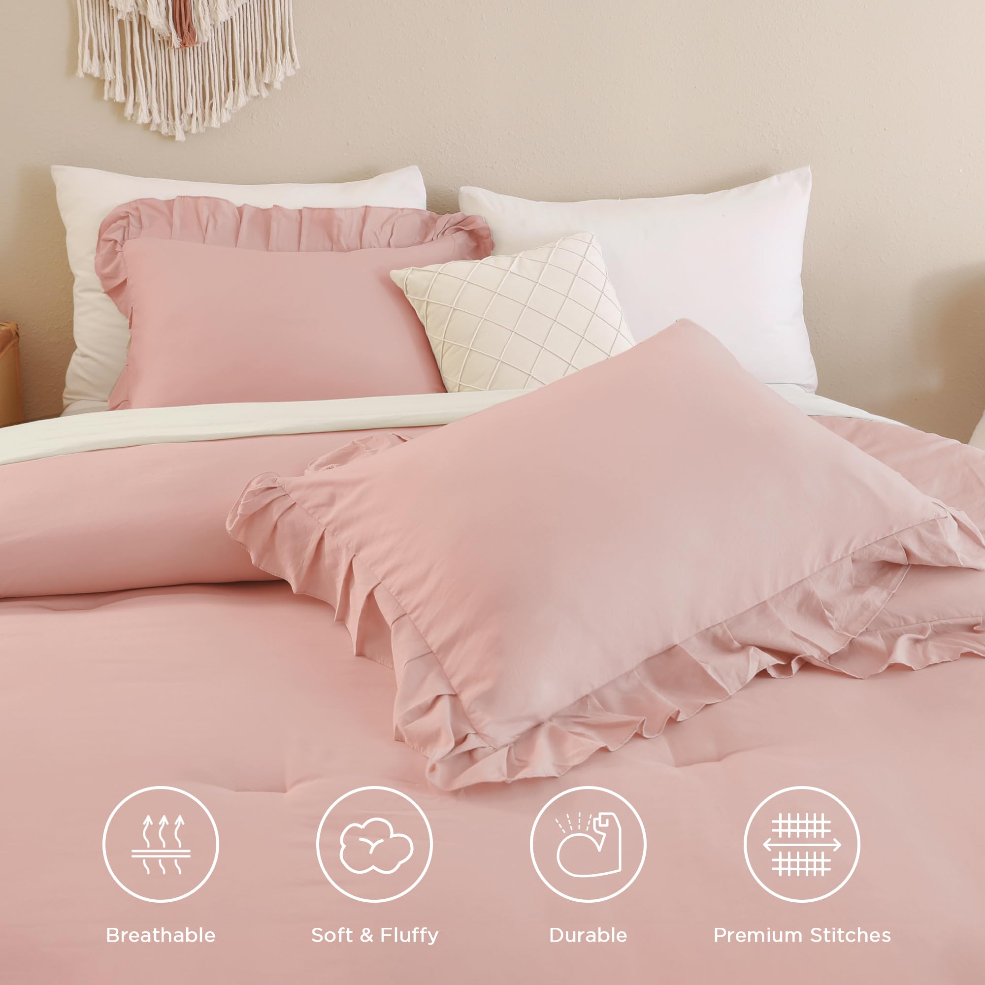 Andency Blush Pink Ruffle Comforter Queen, 3 Pieces Rustic Farmhouse Shabby Chic Comforter, All Season Soft Microfiber Down Alternative Bedding Comforter Set