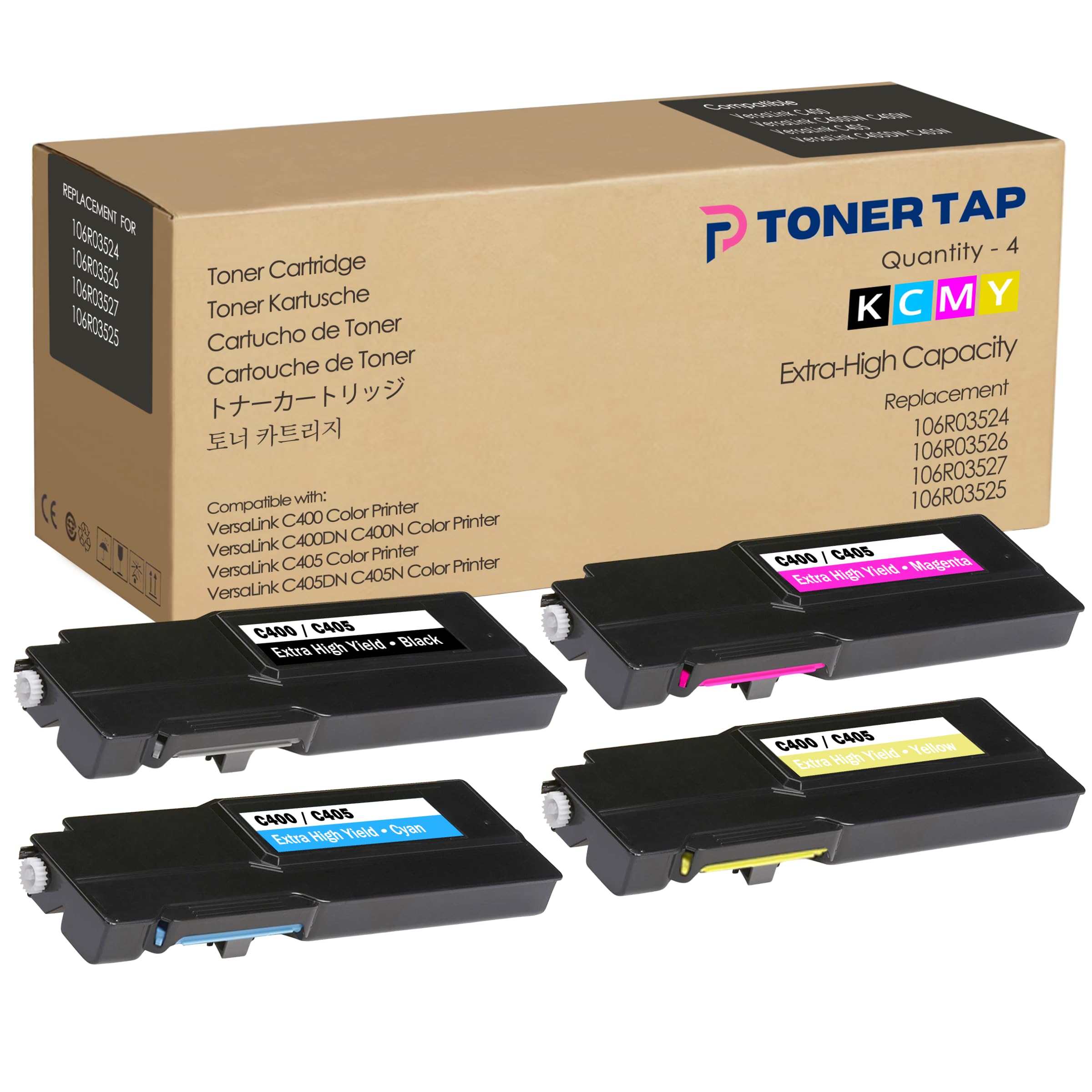 Toner Tap Extra High Yield for VersaLink C400 C405 C400D C400DN C405DN C405N C405MFP (4-Pack Bundle) Remanufactured 106R03524 106R03526 106R03527 106R03525 Cartridge Replacements