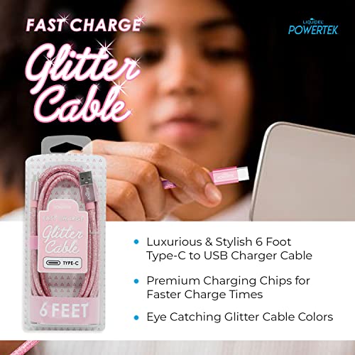 LIQUIPEL USB Type C Cable 6ft, USB A 2.0 to USB-C Fast Charger Extra Long Durable, Glitter Cables (Pink)