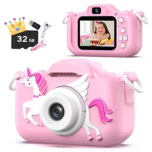 OUTUVAS Unicorn Kids Camera for Girls, Kids Selfie Camera 3-12 Years Old Girls Christmas Birthday Gift for Girls, Unicorn Little Girls Toys for 3 4 5 6 7 8 9 Years Old (Pink)