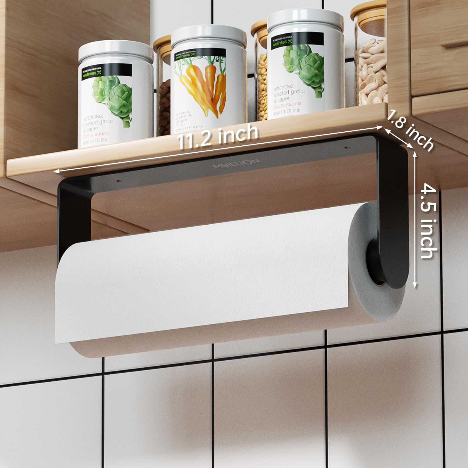 Mbillion Paper Towels Holder Under Cabinet Wall Mount and Self-Adhesive Paper Towel Rack for Kitchen Premium Grade SUS304 Stainless Steel Black