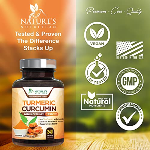 Turmeric Curcumin with BioPerine & Pepper 95% Standardized Curcuminoids 1950mg - Black Pepper for Max Absorption, Natural Joint Support, Nature's Tumeric Extract Antioxidant Supplement - 240 Capsules