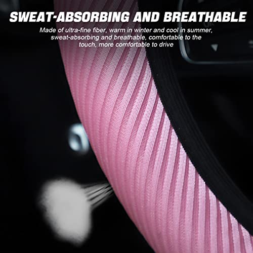 LoyaForba Car Steering Wheel Cover, Breathable Striped Mesh Auto Steering Wheel Protector, Universal Elastic Anti-Slip 15 inch for Men Women, Car Interior Accessories Fit for Most Vehicles (Pink)