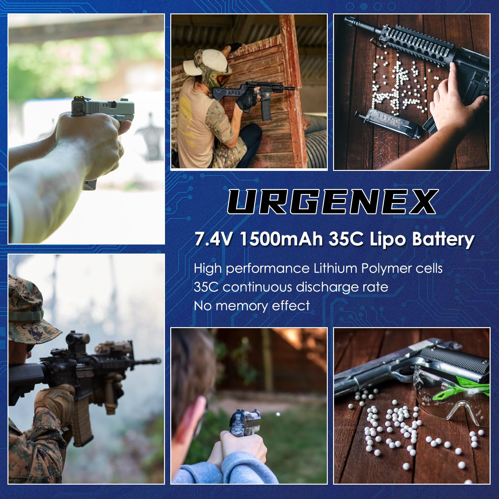URGENEX Airsoft Battery 7.4V 1500mAh 35C High Discharge Rate Lipo Battery Pack with Deans T Plug Rechargeable 2S Lipo Battery for Airsoft Model Guns