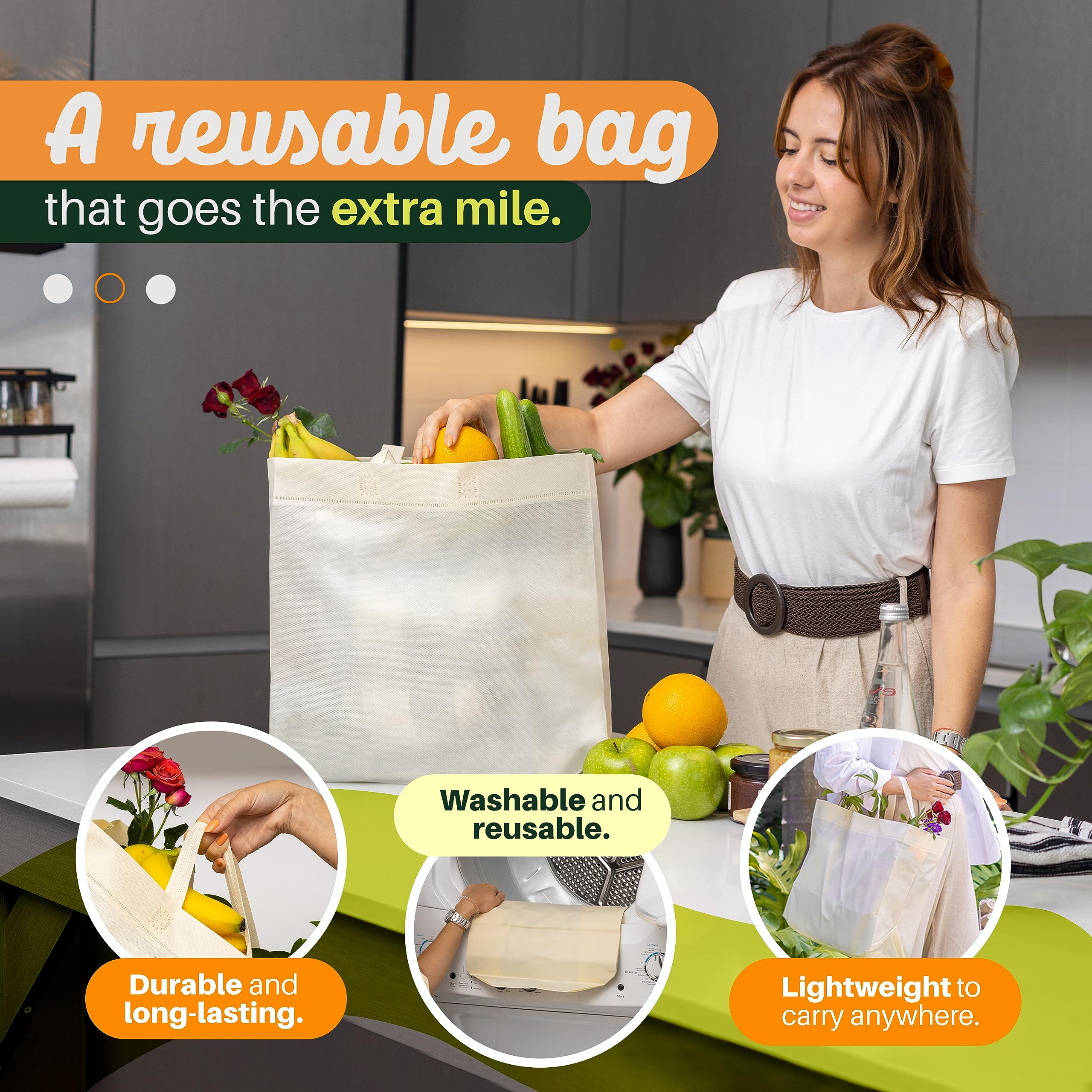 Simply Cool 50 Pack Reusable Eco-Friendly Grocery Shopping Bags 14.5"x14"x6.6" Durable, Recyclable,Washable, Foldable, Portable Tote Bag (50 Pack Reusable Bags, Cream)