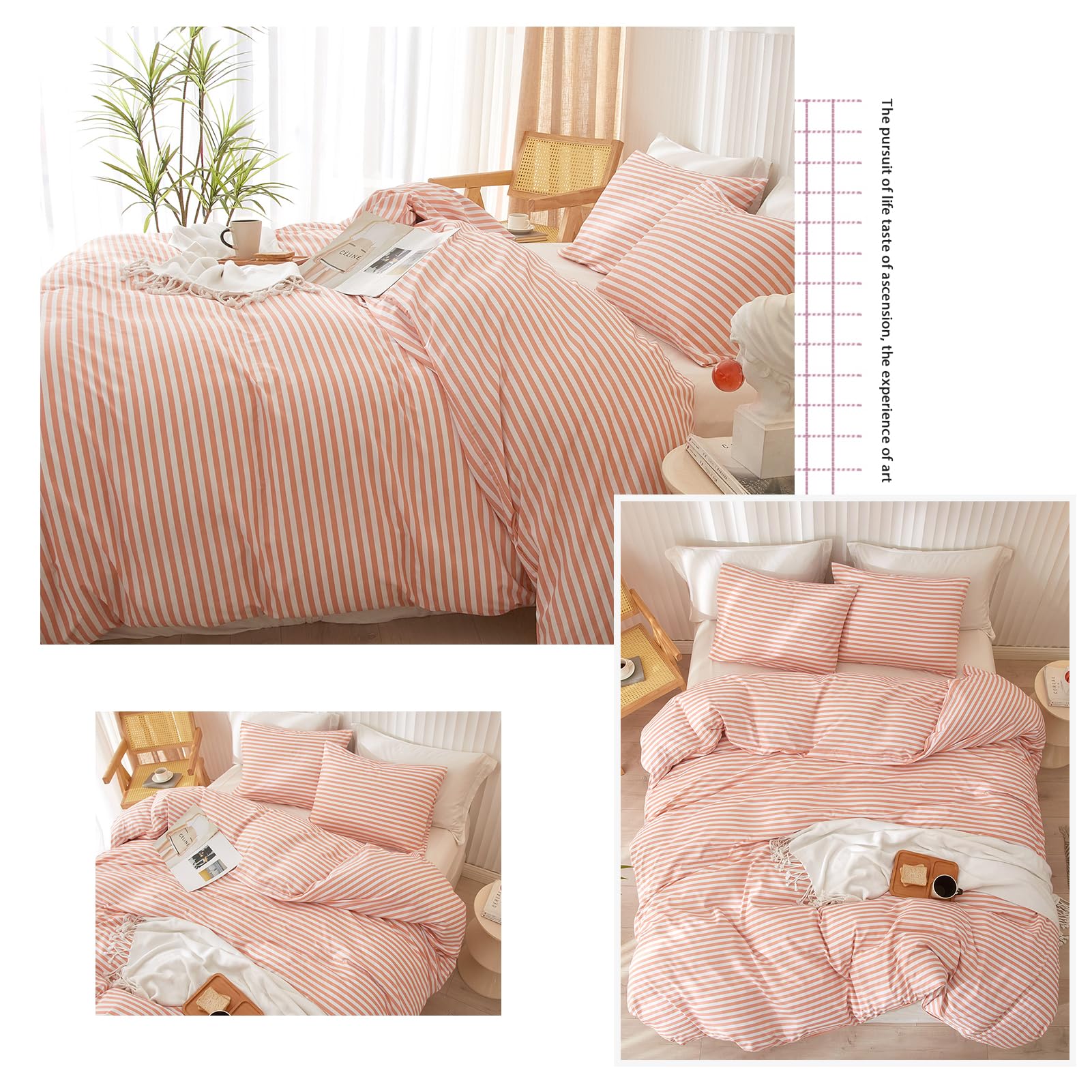 EAVD Duvet Cover Twin XL Pink Striped Duvet Cover Soft Microfiber Classic Pink and White Striped Geometric Bedding Set with 2 Pillowcases Reversible Pink Striped Comforter Cover with Zipper Closure