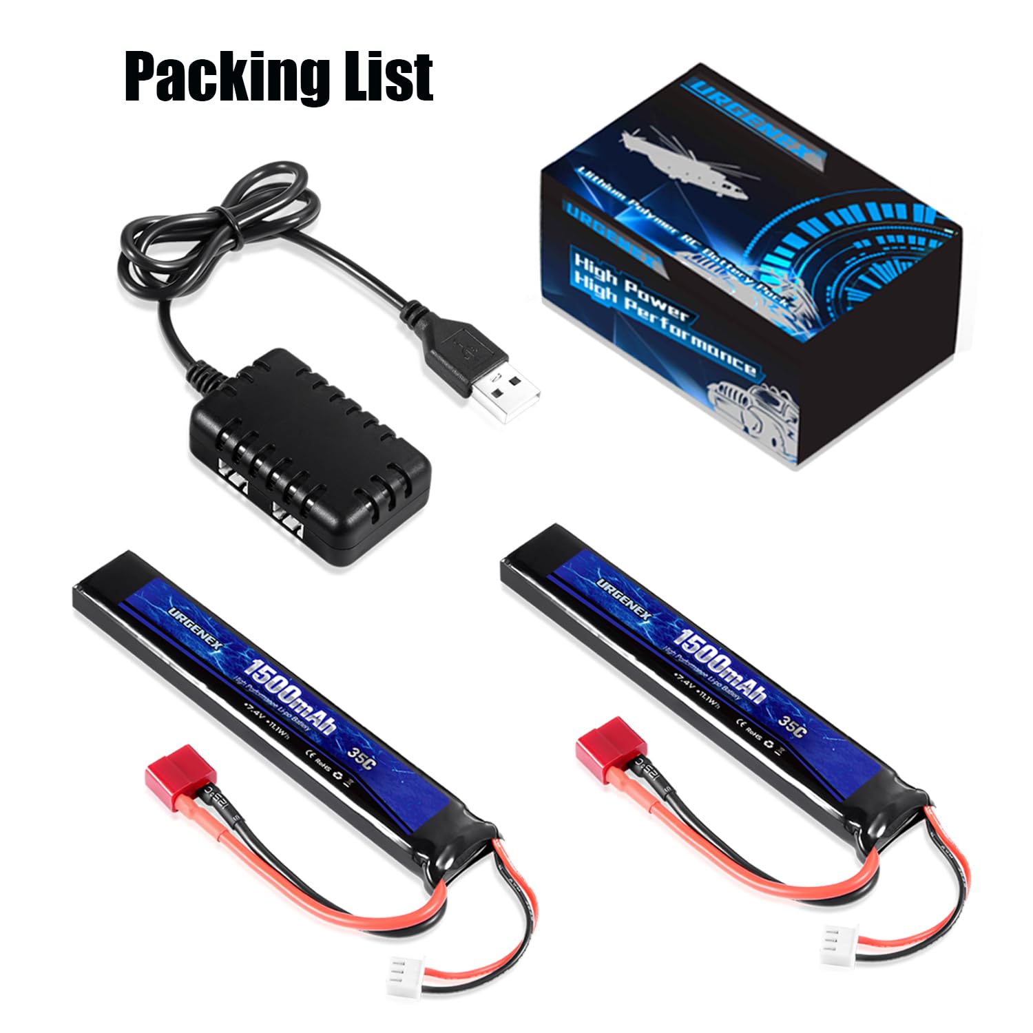 URGENEX Airsoft Battery 7.4V 1500mAh 35C High Discharge Rate Lipo Battery Pack with Deans T Plug Rechargeable 2S Lipo Battery for Airsoft Model Guns
