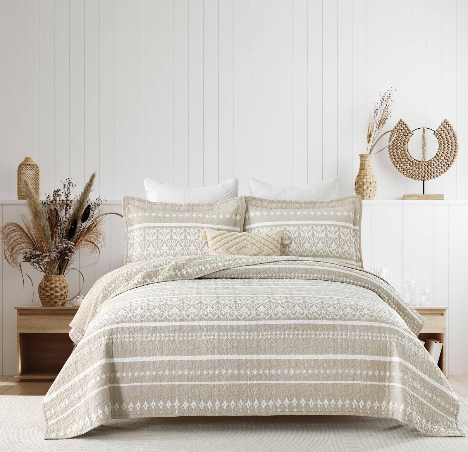 BCOTTOND King Quilt Set, 100% Cotton Boho Quilt King Size Bohemian Striped Pattern Bedspread King Lightweight Quilt Bedding Set Comforter Set All Season Beige Tan White 3 Piece