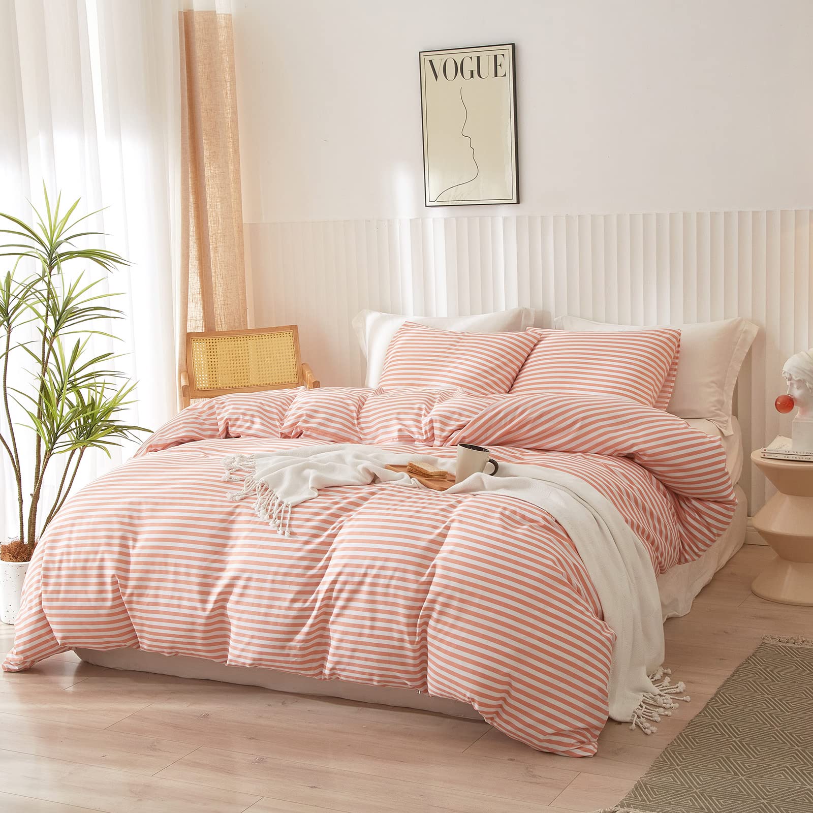 EAVD Duvet Cover Twin XL Pink Striped Duvet Cover Soft Microfiber Classic Pink and White Striped Geometric Bedding Set with 2 Pillowcases Reversible Pink Striped Comforter Cover with Zipper Closure
