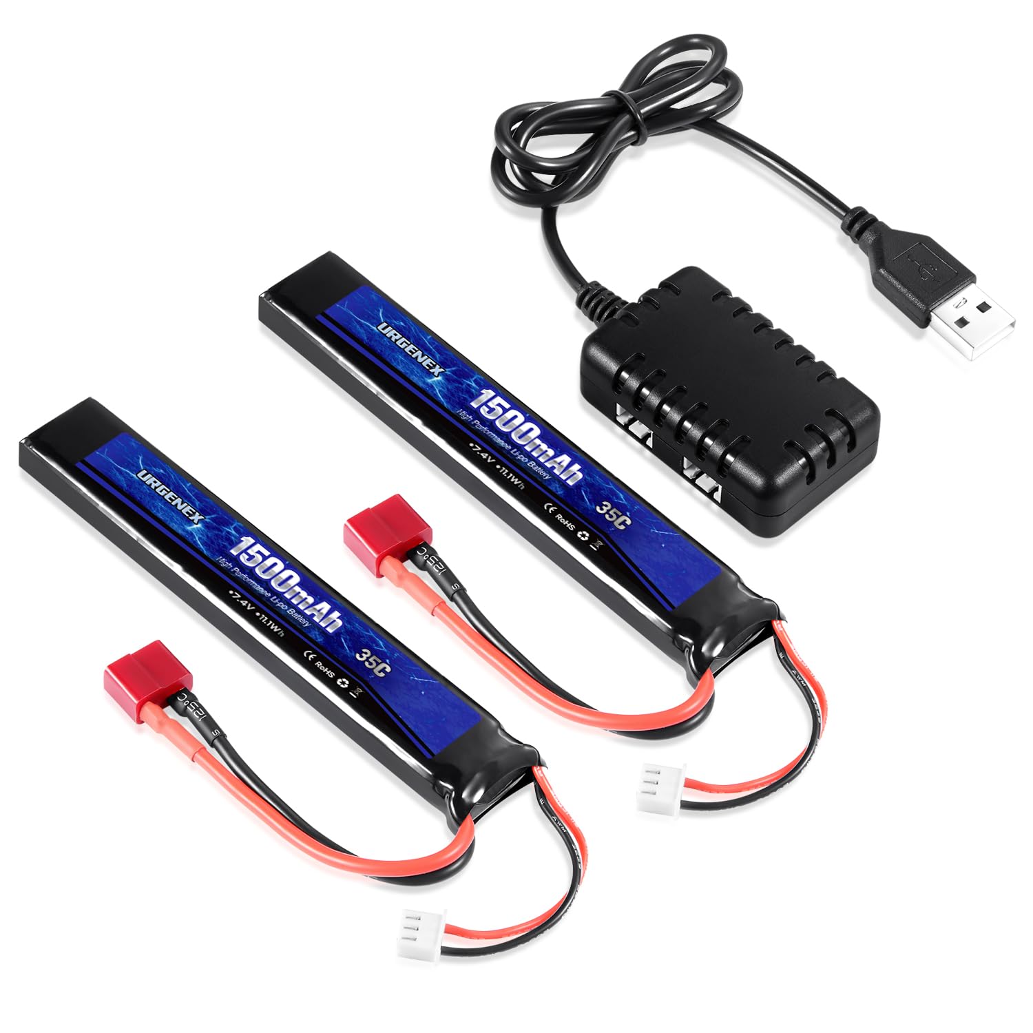URGENEX Airsoft Battery 7.4V 1500mAh 35C High Discharge Rate Lipo Battery Pack with Deans T Plug Rechargeable 2S Lipo Battery for Airsoft Model Guns