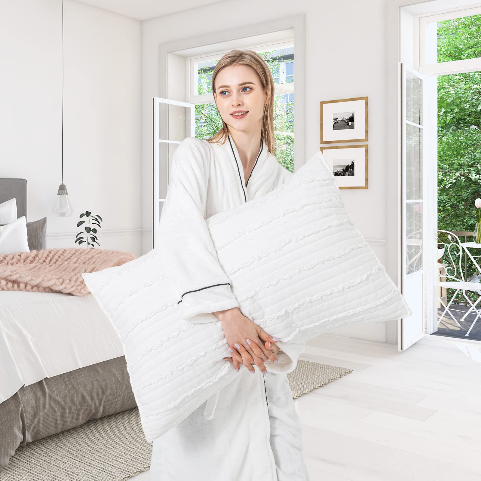 BOSOWOS Queen Size Pillow Shams Set of 2, Ultra Soft Breathable 20 x 30 Inches Pillow Case Envelope Closure, Microfiber Farmhouse Bed Pillowcases for Easy Care, White