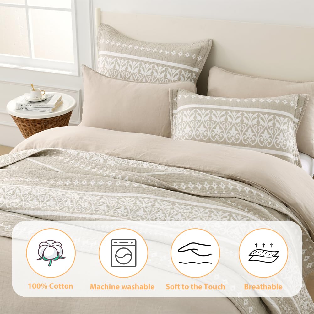 BCOTTOND King Quilt Set, 100% Cotton Boho Quilt King Size Bohemian Striped Pattern Bedspread King Lightweight Quilt Bedding Set Comforter Set All Season Beige Tan White 3 Piece