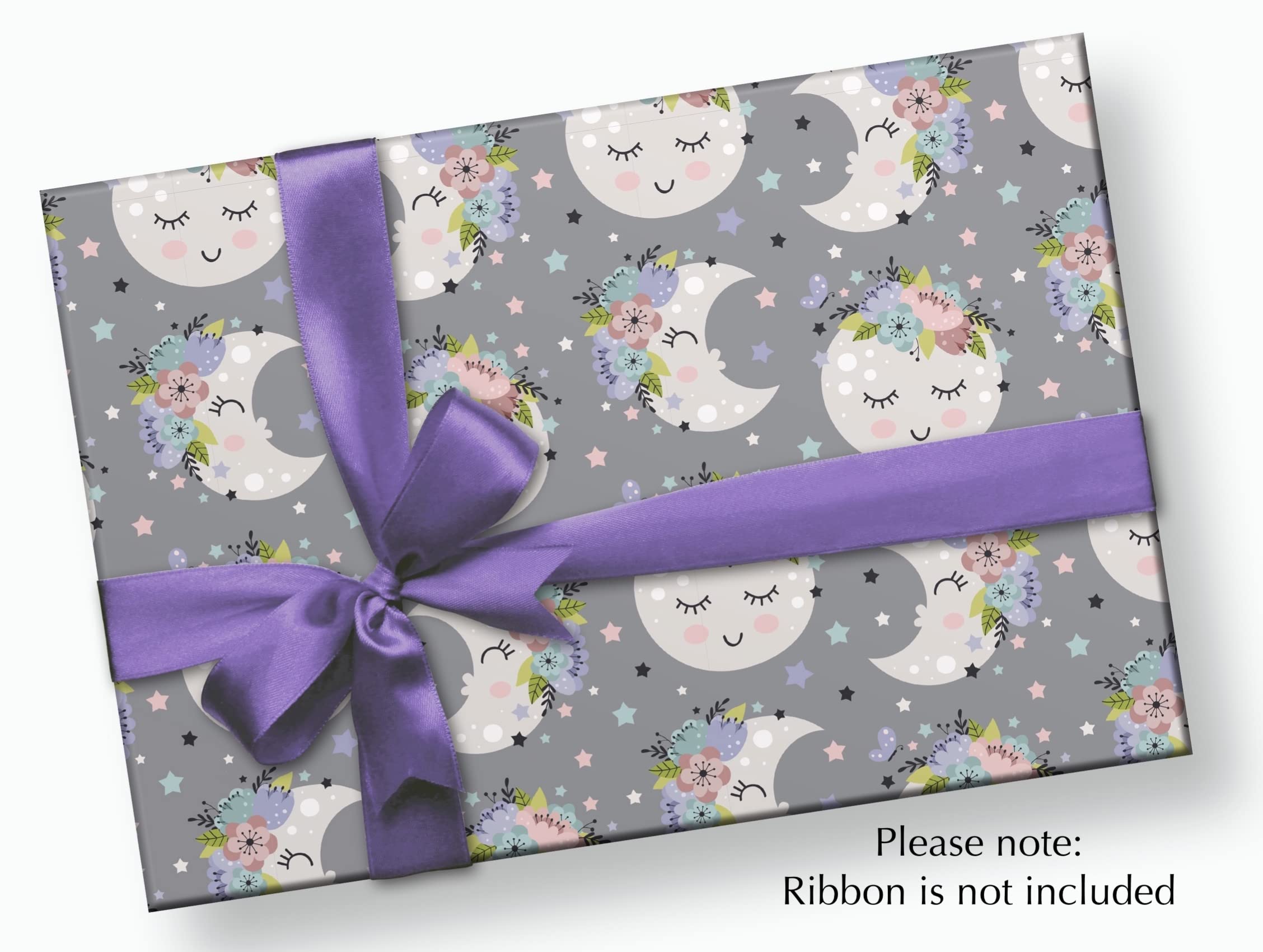 Stesha Party Floral Moon Baby Shower Wrapping Paper - Folded Flat 30 x 20 Inch - 3 Sheets
