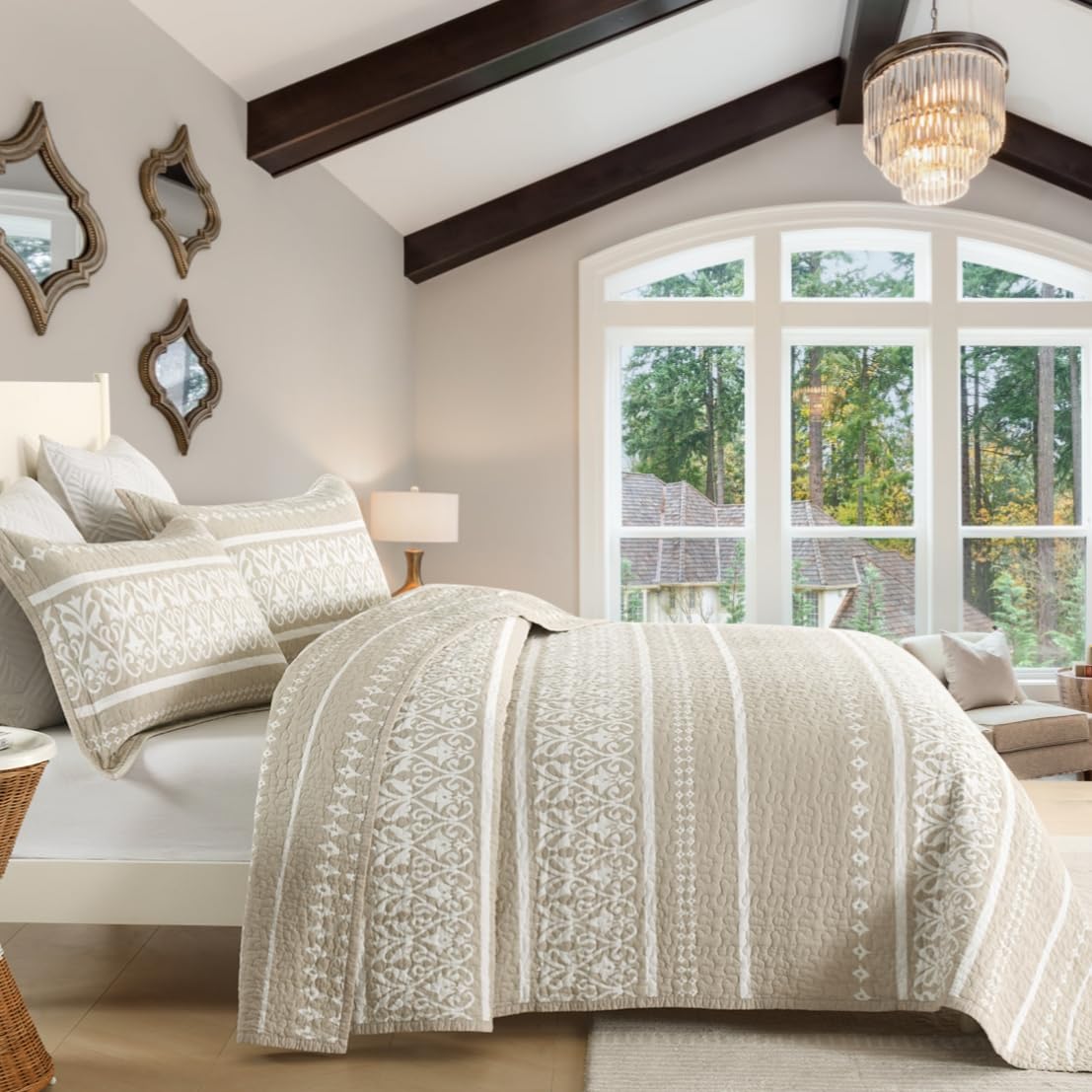 BCOTTOND King Quilt Set, 100% Cotton Boho Quilt King Size Bohemian Striped Pattern Bedspread King Lightweight Quilt Bedding Set Comforter Set All Season Beige Tan White 3 Piece