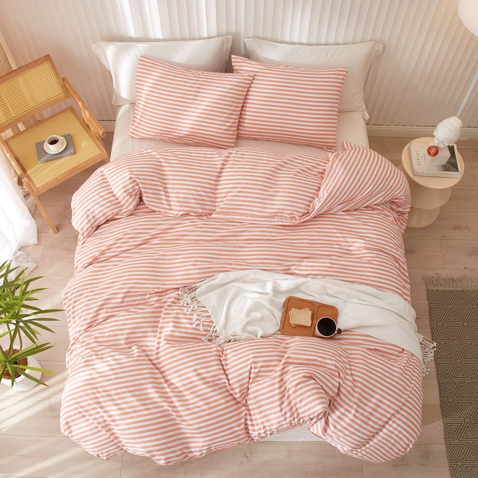 EAVD Duvet Cover Twin XL Pink Striped Duvet Cover Soft Microfiber Classic Pink and White Striped Geometric Bedding Set with 2 Pillowcases Reversible Pink Striped Comforter Cover with Zipper Closure