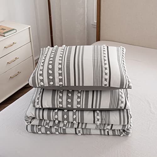 SLEEPBELLA Boho King Size Comforter Set, Grey and White Tufted Ball Pom Striped Design, Fluffy King Bed Comforter for All Seasons, Farmhouse Bedding 3pcs (1 Comforter with 2 Pillowcases)