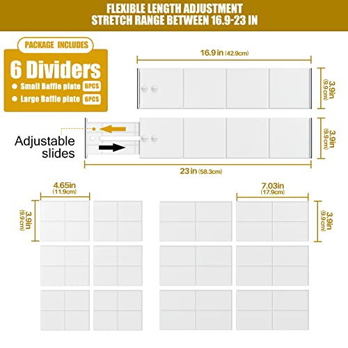 ARSTPEOE Drawer Dividers with 12 Inserts,16.9-23", Drawer Dividers for Clothes, Expandable Kitchen Drawer Organizer,Adjustable Drawer Separators for Bedroom Bathroom Dresser (6 Pack)