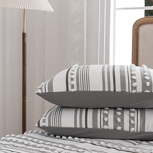 SLEEPBELLA Boho King Size Comforter Set, Grey and White Tufted Ball Pom Striped Design, Fluffy King Bed Comforter for All Seasons, Farmhouse Bedding 3pcs (1 Comforter with 2 Pillowcases)