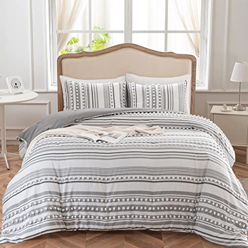 SLEEPBELLA Boho King Size Comforter Set, Grey and White Tufted Ball Pom Striped Design, Fluffy King Bed Comforter for All Seasons, Farmhouse Bedding 3pcs (1 Comforter with 2 Pillowcases)